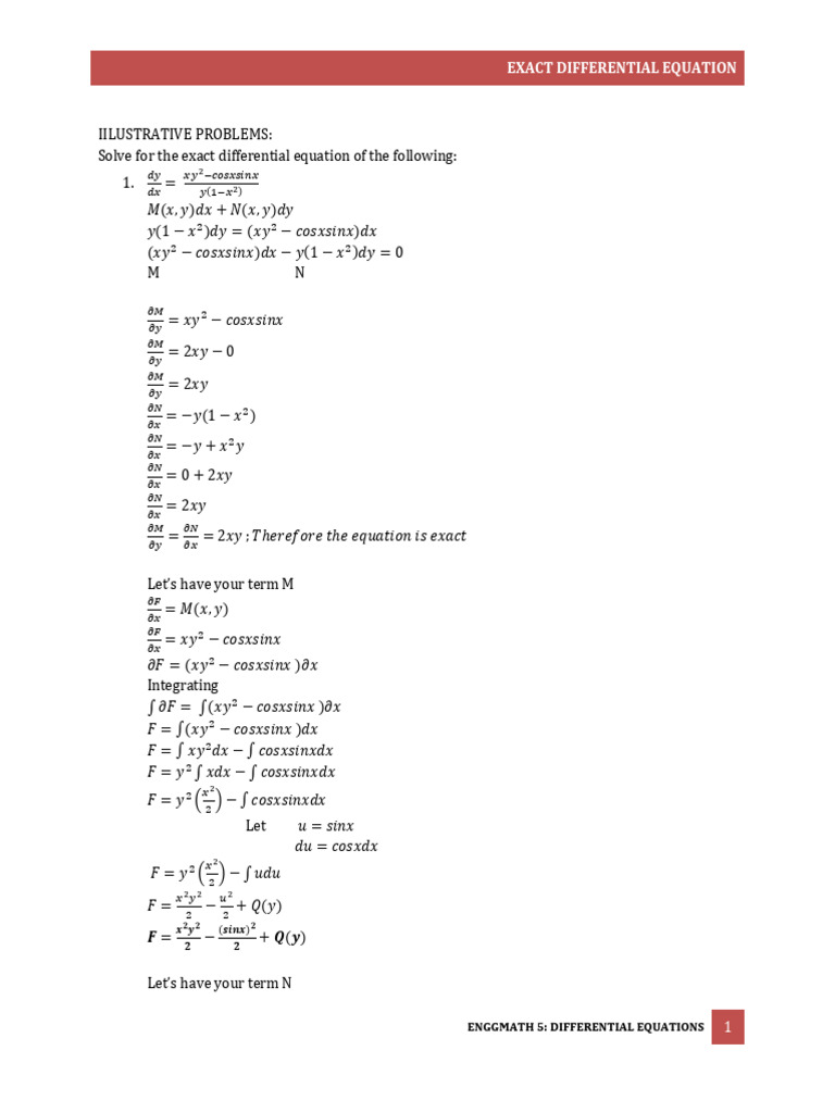 Exact Differential Equation Involving Trigonometric Function | PDF ...