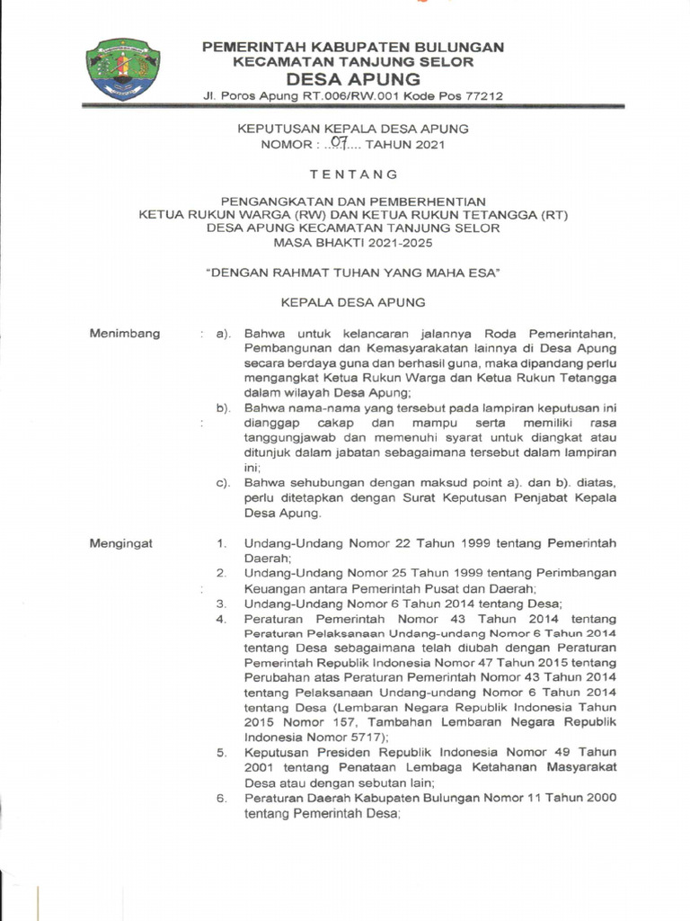 SK Pengangkatan Dan Pemberhentian Ketua RW Dan RT Apung | PDF