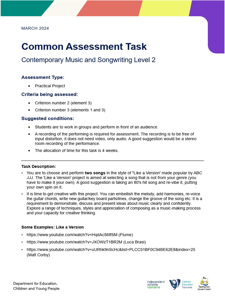 Contemporary Music and Songwriting Level 2 Common Assessment Task March ...