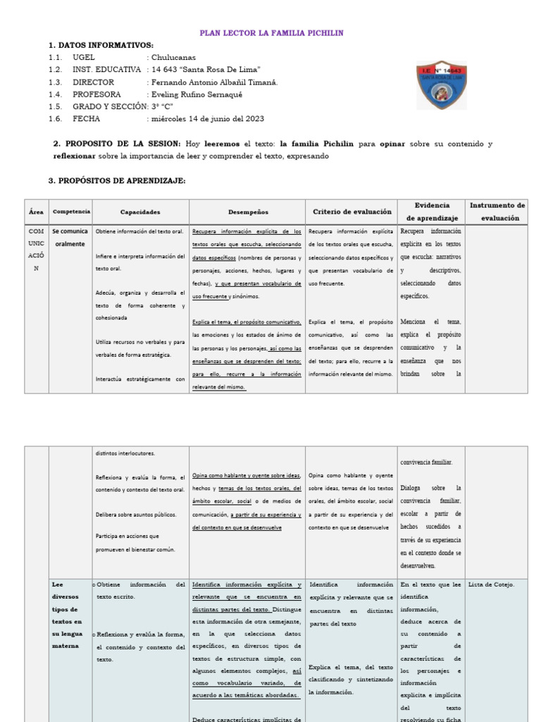 Comprension Familia Pichilin | PDF | Comprensión lectora | Evaluación