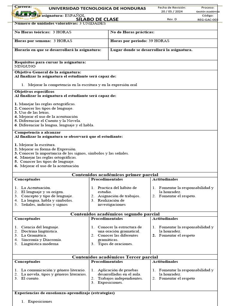 Sílabos de Español UTH 2024 | PDF | Lingüística | Escritura