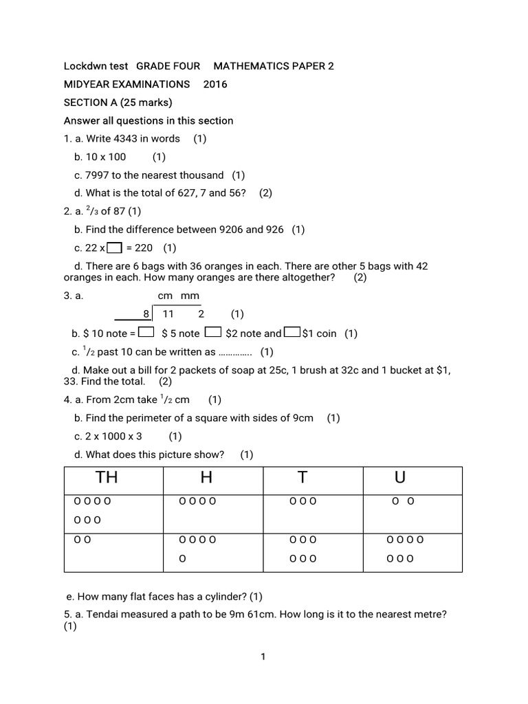 Grade 4 Math Exam Paper 2016 | PDF