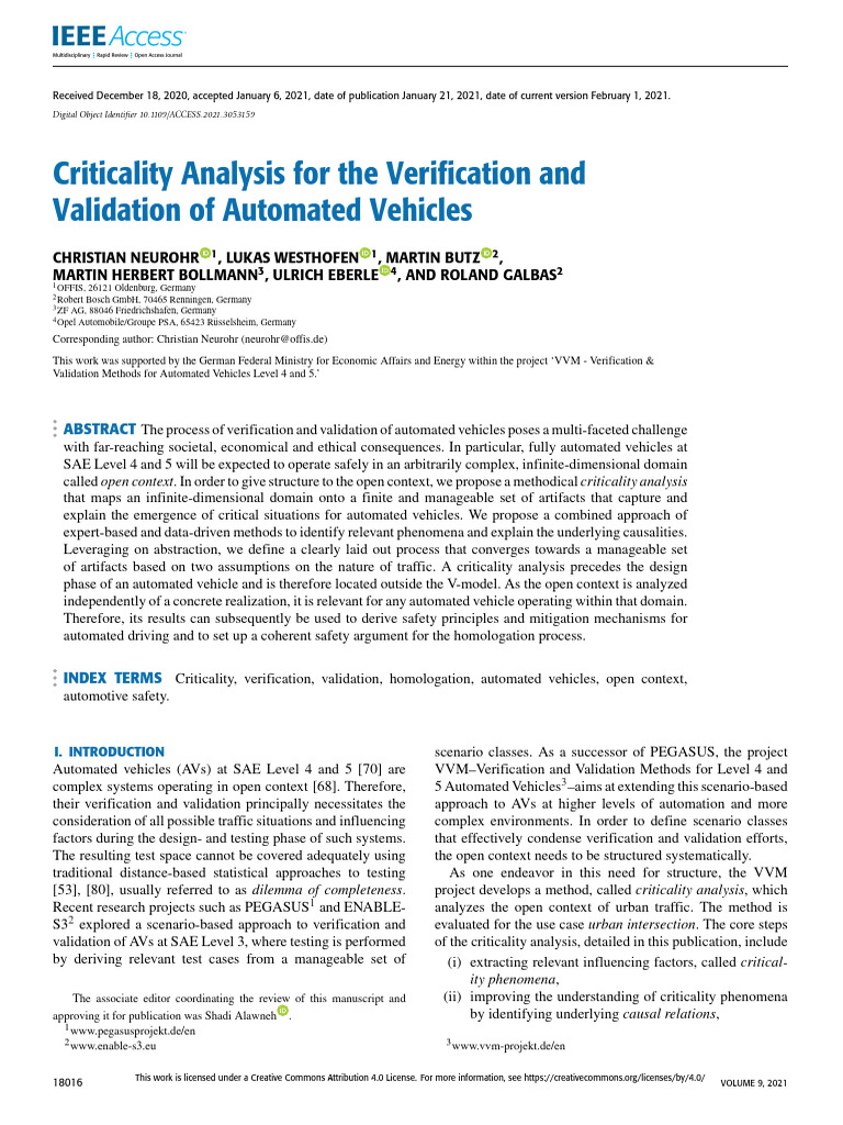 Criticality Analysis For The Verification and Validation of Automated Vehicles | PDF | Computers ...