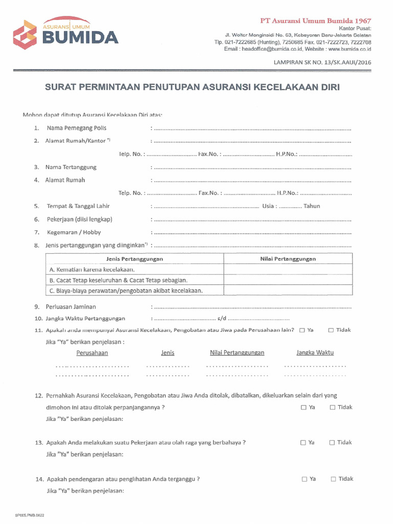 Surat Permintaan Penutupan Asuransi (SPPA) Personal Accident | PDF