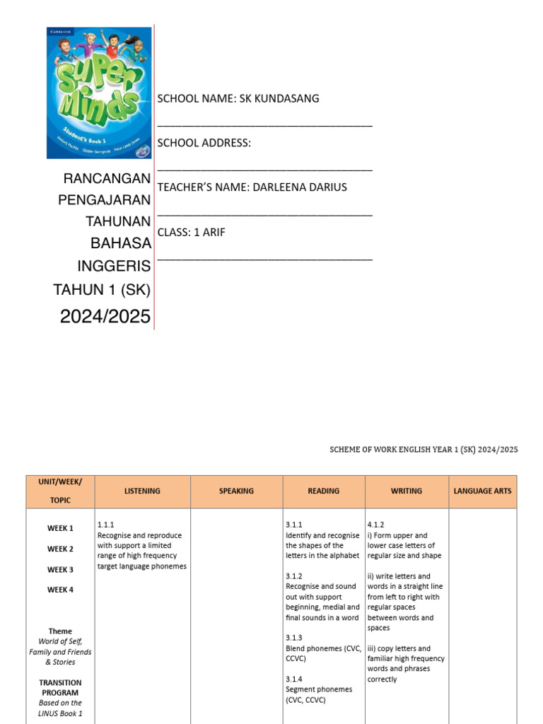 RPT ENGLISH YEAR 1 (SK) 2024-2025 by PDF | PDF | English Language | Word