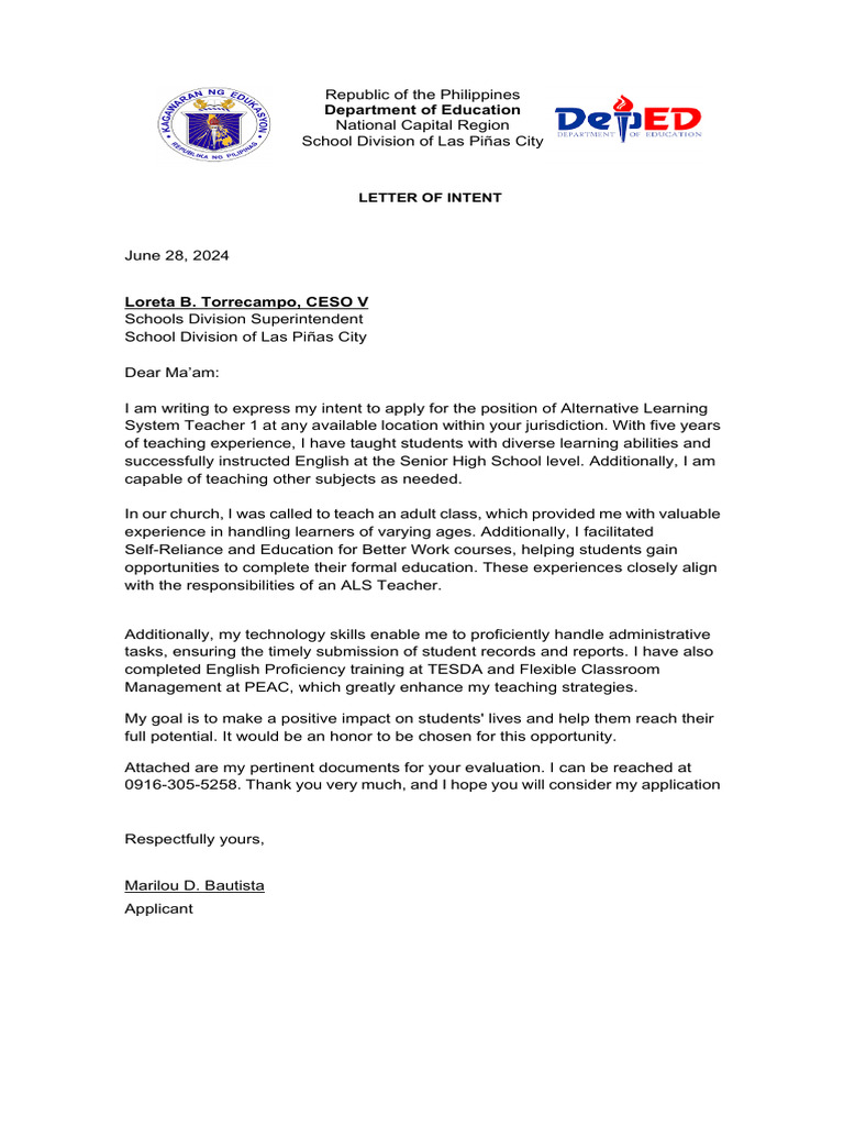 Revised Intent Letter ALS | PDF