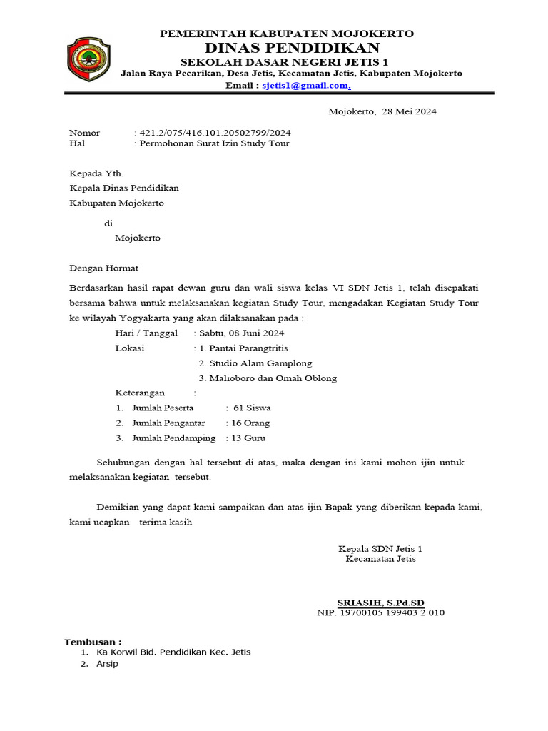Contoh Surat Izin Study Tour SDN Jetis 1 | PDF | Kesehatan Holistik