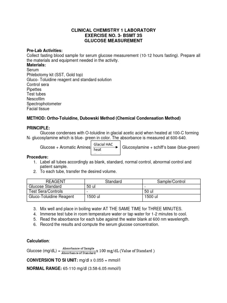 Exercise No. 3 - Glucose Measurement Procedure and Answer Sheet | PDF ...