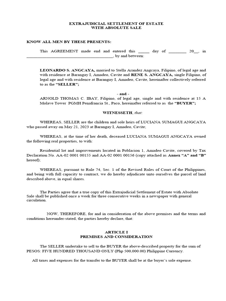 Extrajudicial Settlement and Sale Agreement | PDF | Property Law | Natural Resources Law
