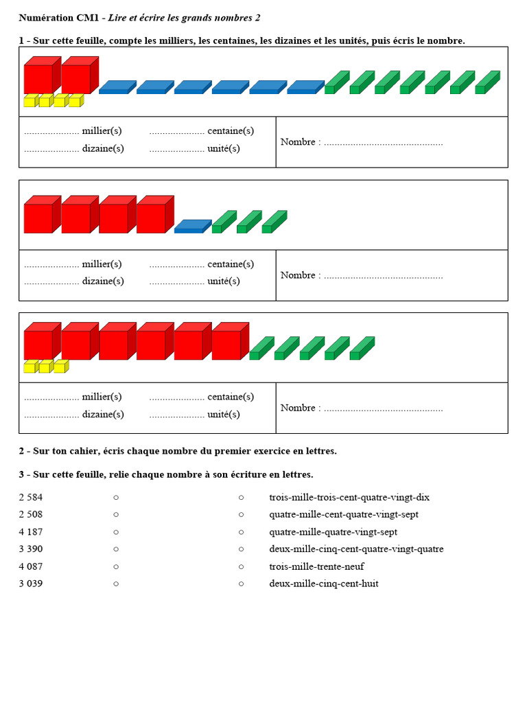 Exercice CM1 : Écrire les grands nombres | PDF