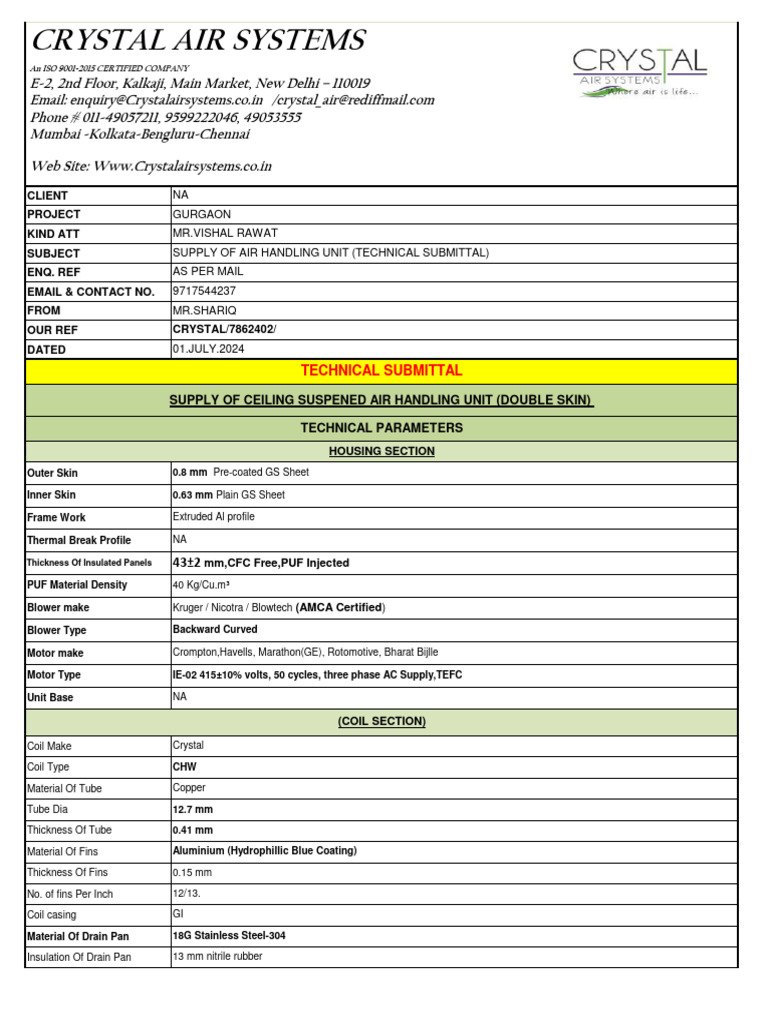 Technical Submittal For GGN Project-8000 CFM | PDF | Electrical Engineering | Building Materials