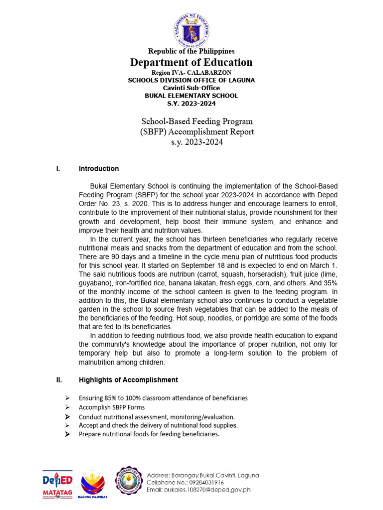 Bukal Elementary SBFP Accomplishment 2024 | PDF | Foods | Nutrition