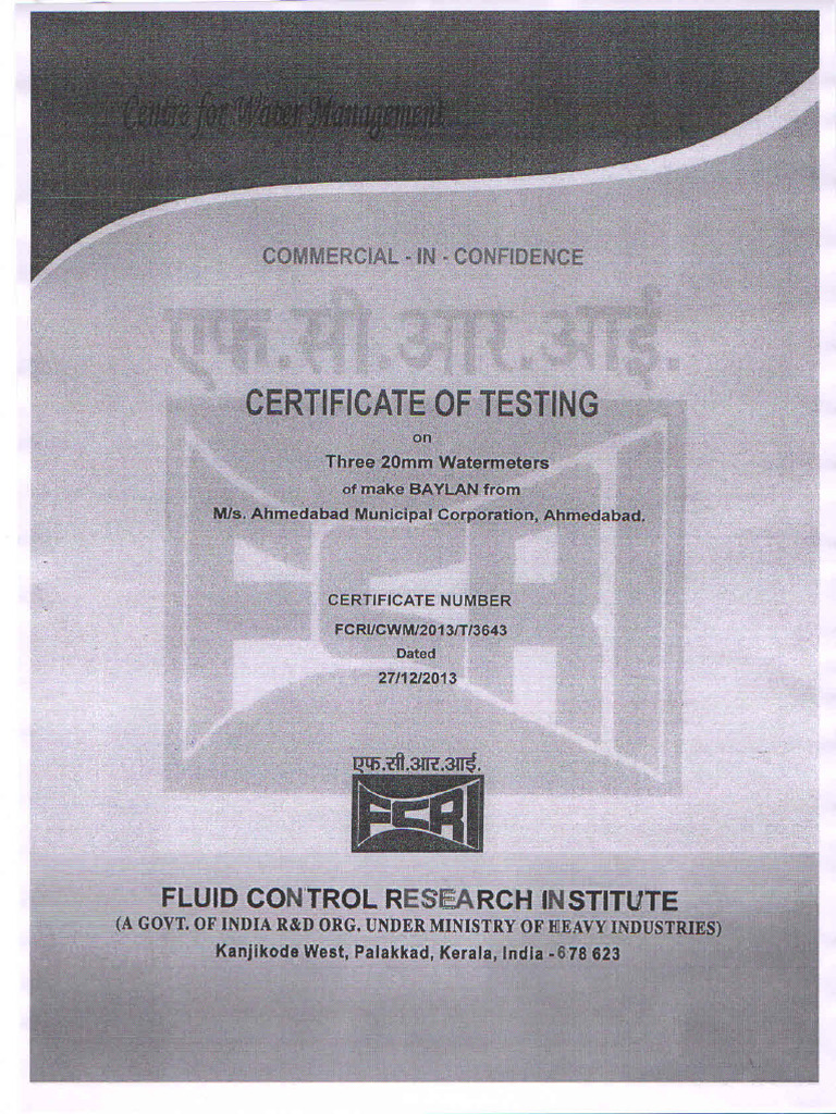 Fcri Certificate - Old 20 MM Water Meter | PDF