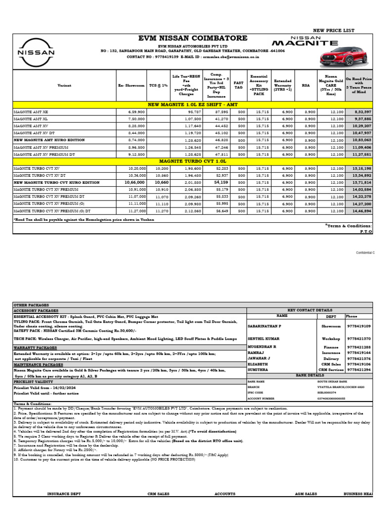Nissan Price List Wef 16-02-2024 - AMT & CVT | PDF | Cheque | Payments