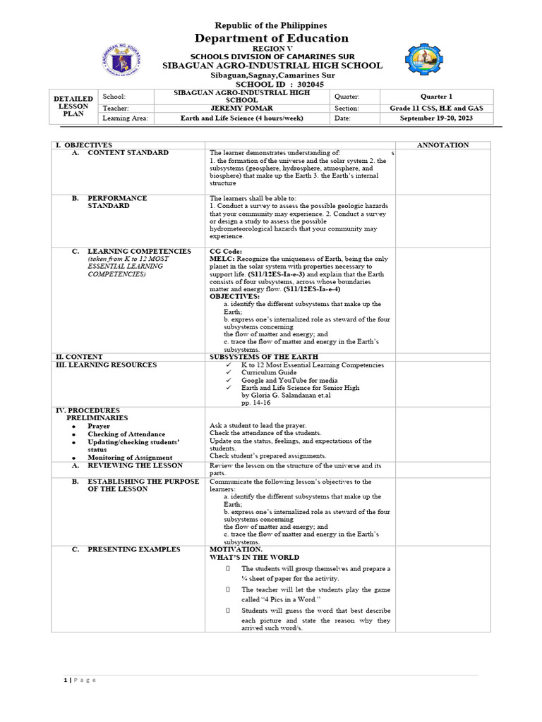 Earth and Life Science Lesson 3 Detailed Lesson Plan | PDF | Earth ...