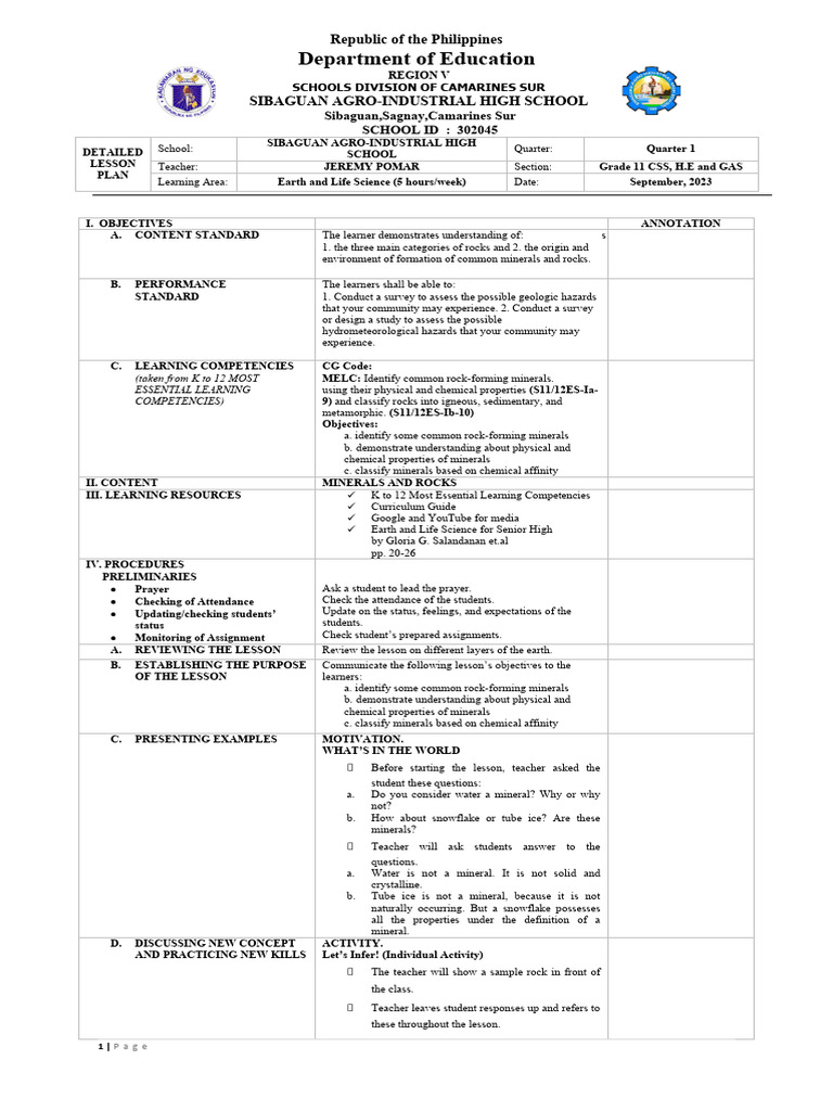 Earth and Life Science Lesson 4 Detailed Lesson Plan | PDF | Minerals ...