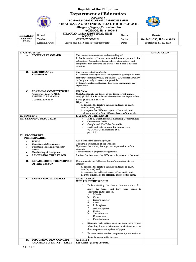 Earth and Life Science Lesson 2 Detailed Lesson Plan | PDF | Earth ...