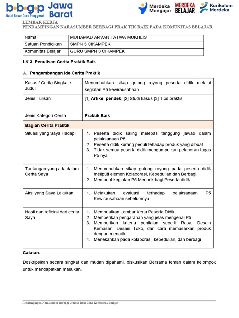 LK 3 Penulisan Cerita Praktik Baik - ARVAN | PDF | Karier & Perkembangan