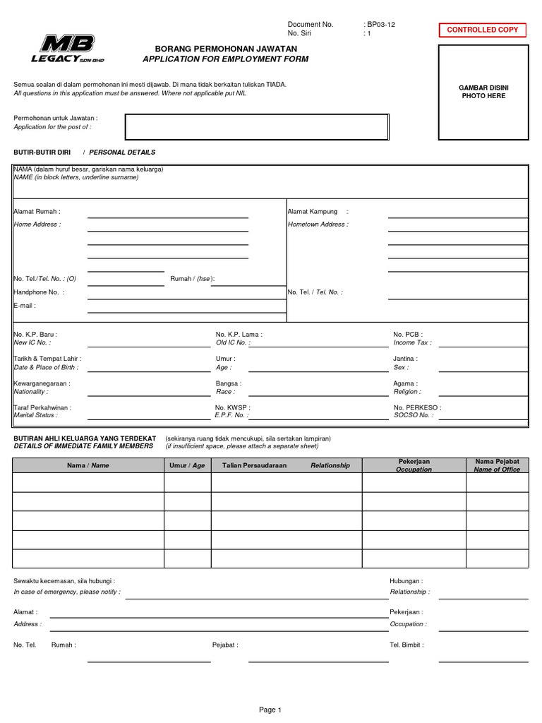 Application For Employment Form: Borang Permohonan Jawatan | PDF