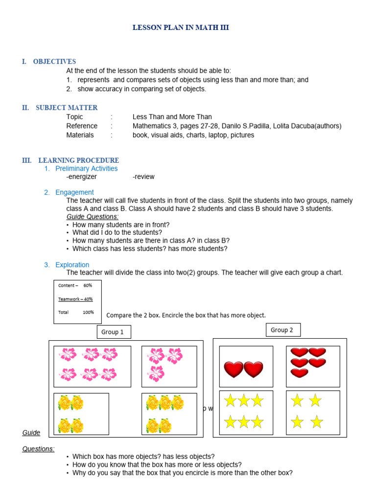 Less Than and More Than LP | PDF | Lesson Plan | Cognitive Science