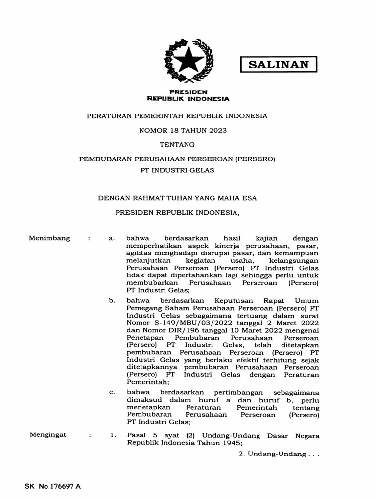 Pembubaran PT Industri Gelas 2023 | PDF