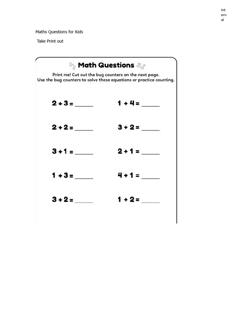 Maths Questions For Kids Take Print Out: Int Ern Al | PDF