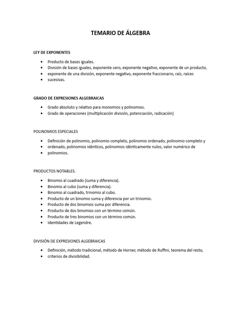 Temario Completo de Álgebra Avanzada | PDF | Factorización | Ecuaciones