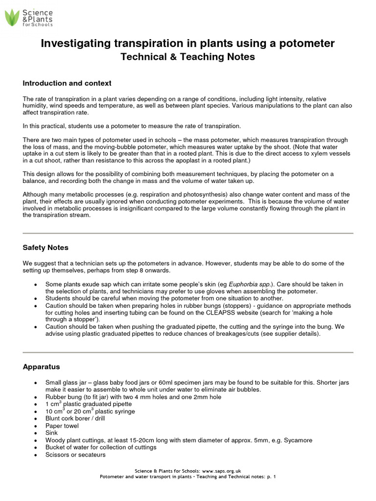 Investigating Transpiration in Plants Using A Potometer | PDF | Water | Statistics