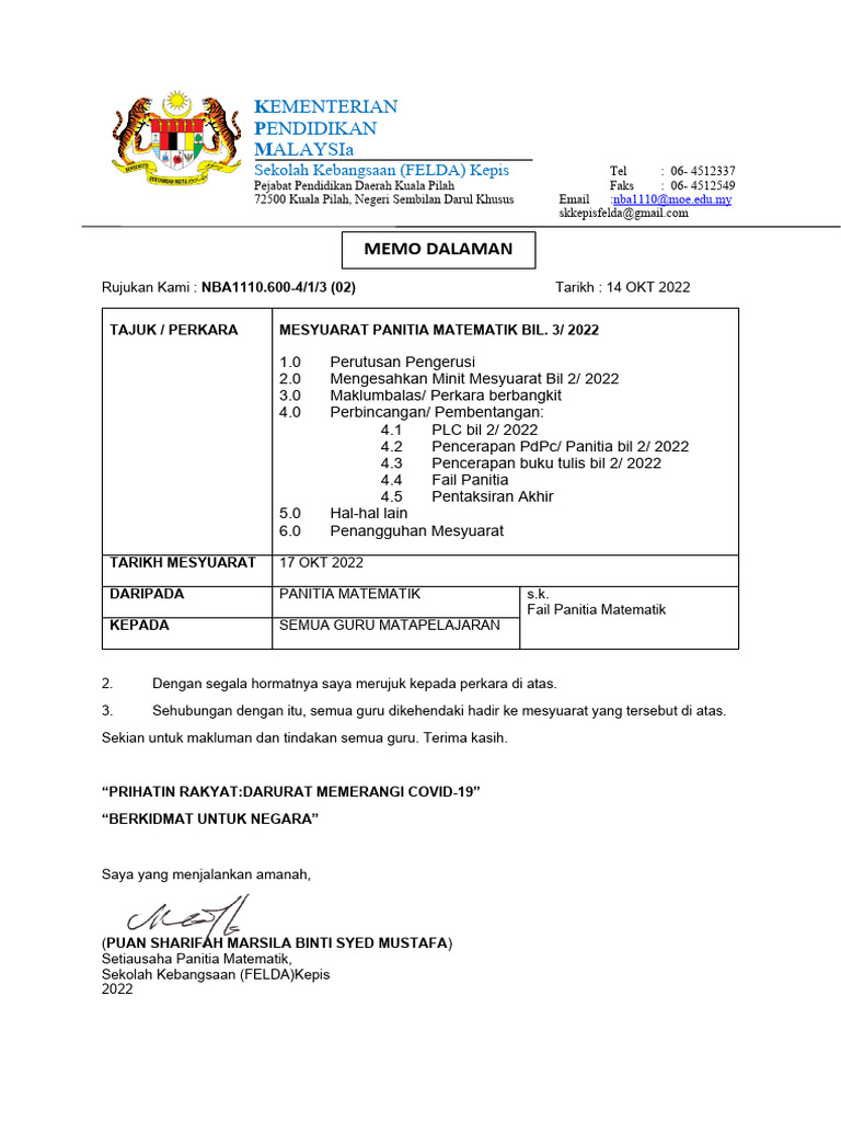 Memo Dalaman Mesyuarat Panitia Matematik Bil 3 2022 | PDF