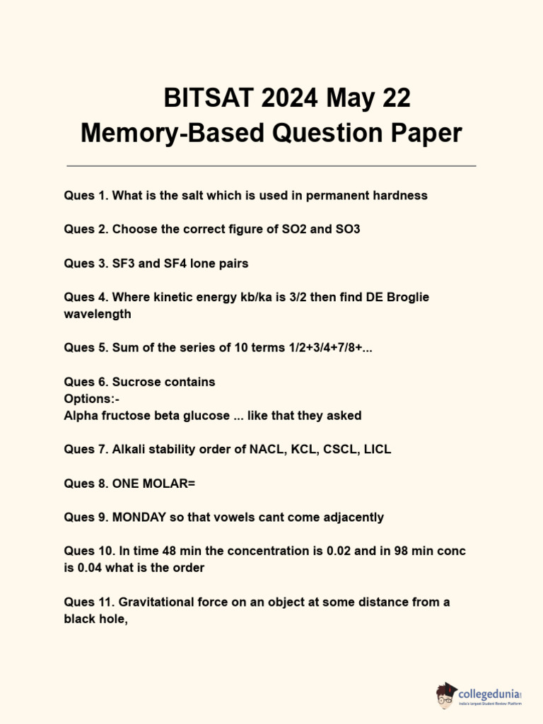 BITSAT 2024 May 22 Memory Based Question Paper | PDF | Social Science