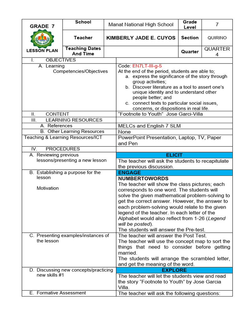 LESSON-PLAN-7Es-footnote To Youth | PDF | Teachers | Learning