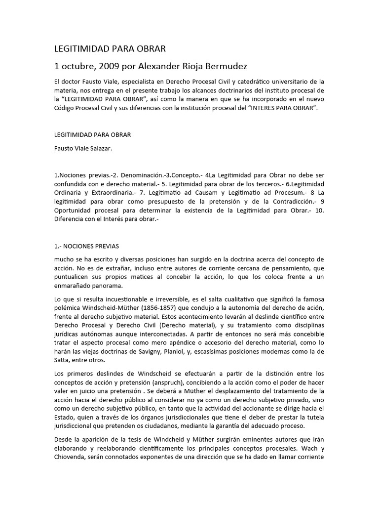 Legitimidad para Obrar en Derecho Procesal | PDF | Ley procesal ...