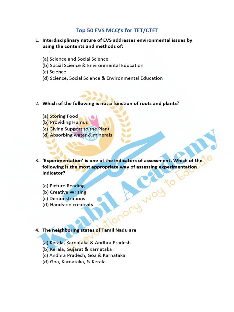50 Important EVS MCQs Free CTET - TET E-Book | PDF | Learning | Curriculum