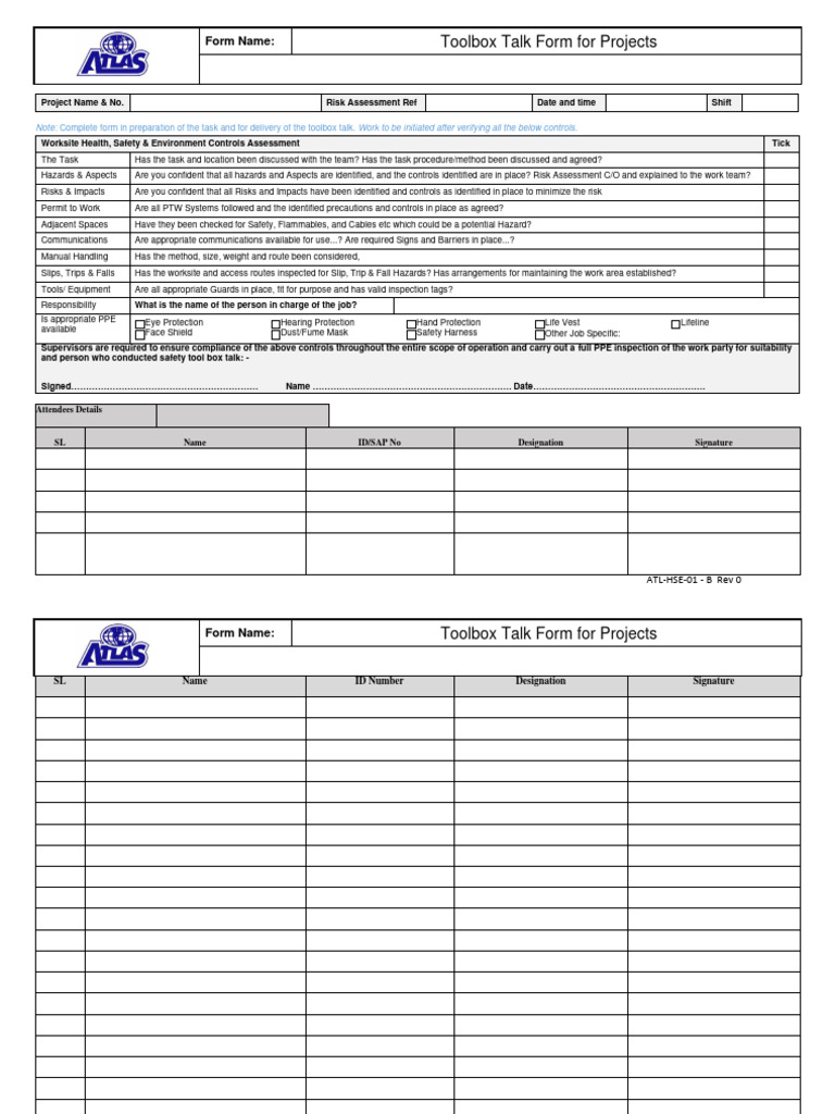 ATLAS- PROJECT TOOL BOX TALK FORM -ATL-01-B | PDF | Occupational Safety ...