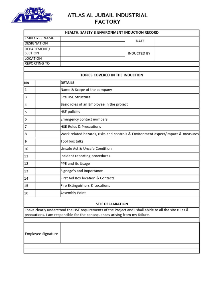 HSE Induction Record for Employees | PDF | Technology & Engineering