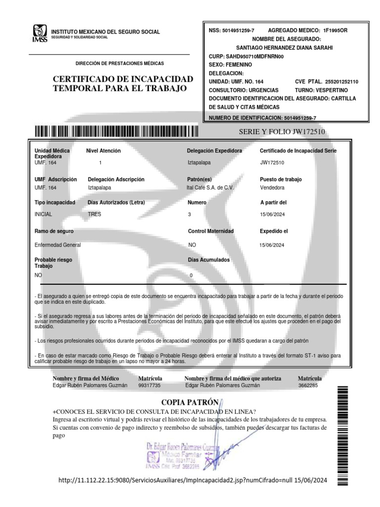 Incapacidad IMSS - SANTIAGO HERNANDEZ | PDF