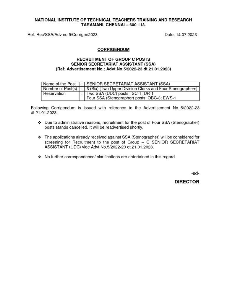 SSA Corrigendum | PDF