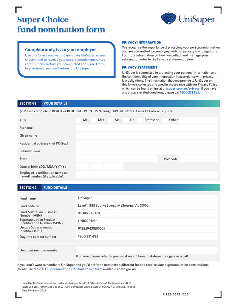 Super Choice Fund Nomination Form | PDF | Pension