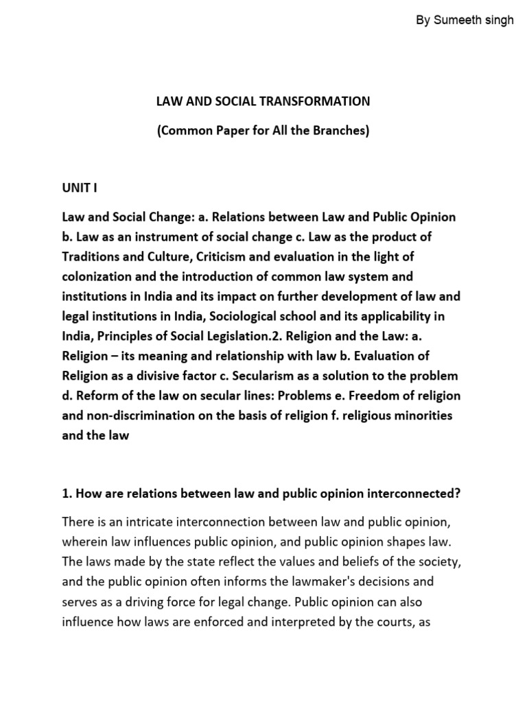 LAW AND SOCIAL TRANSFORMATION Questions and Answers Watermark | PDF ...