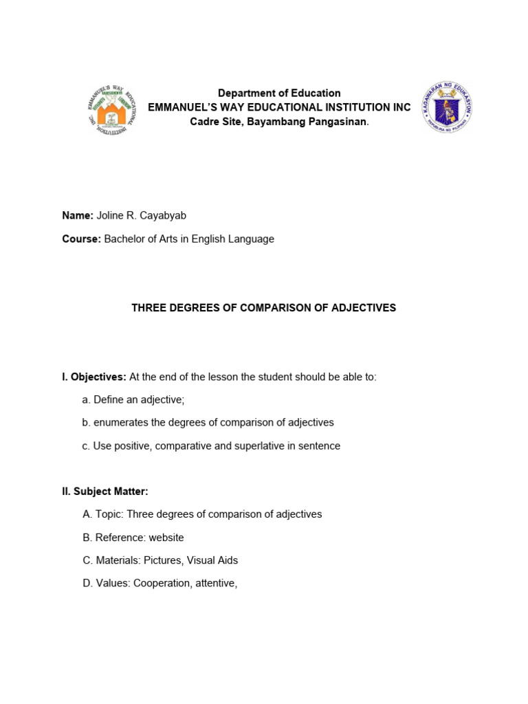 Joline Lesson Plan - Docx 2 | PDF | Adjective | Linguistic Typology