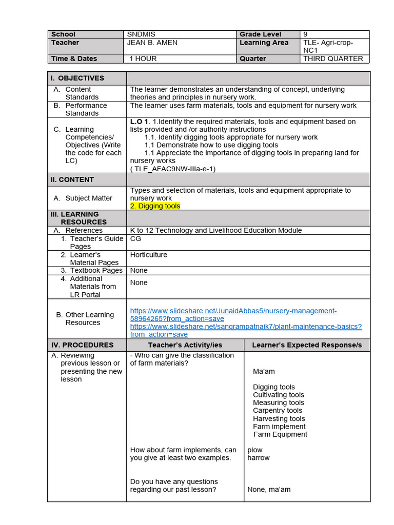 2 DLL Template TYPES AND SELECTION OF MATERIALS DIGGING TOOLS | PDF ...