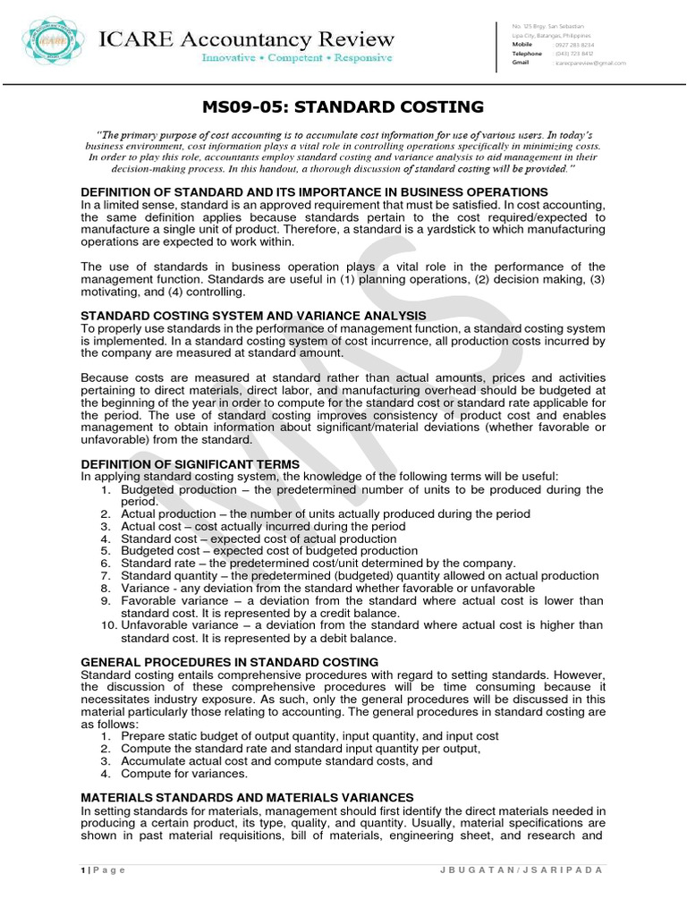 MS09-05 Standard Costing and Variance Analysis - Reviewee | PDF | Cost Of Goods Sold | Labour ...