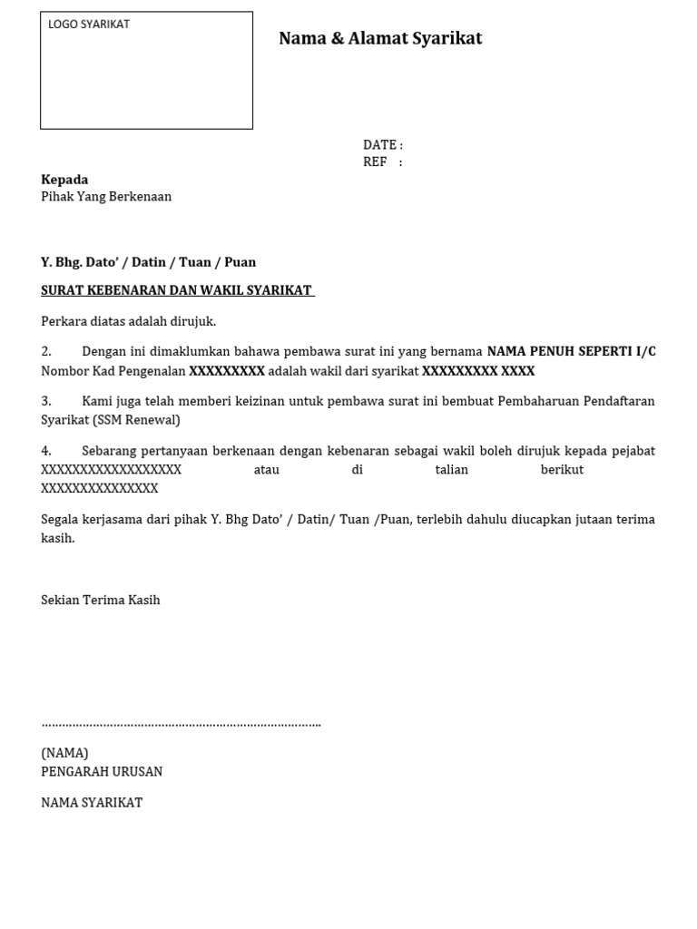 Contoh Surat Wakil Renew SSM | PDF
