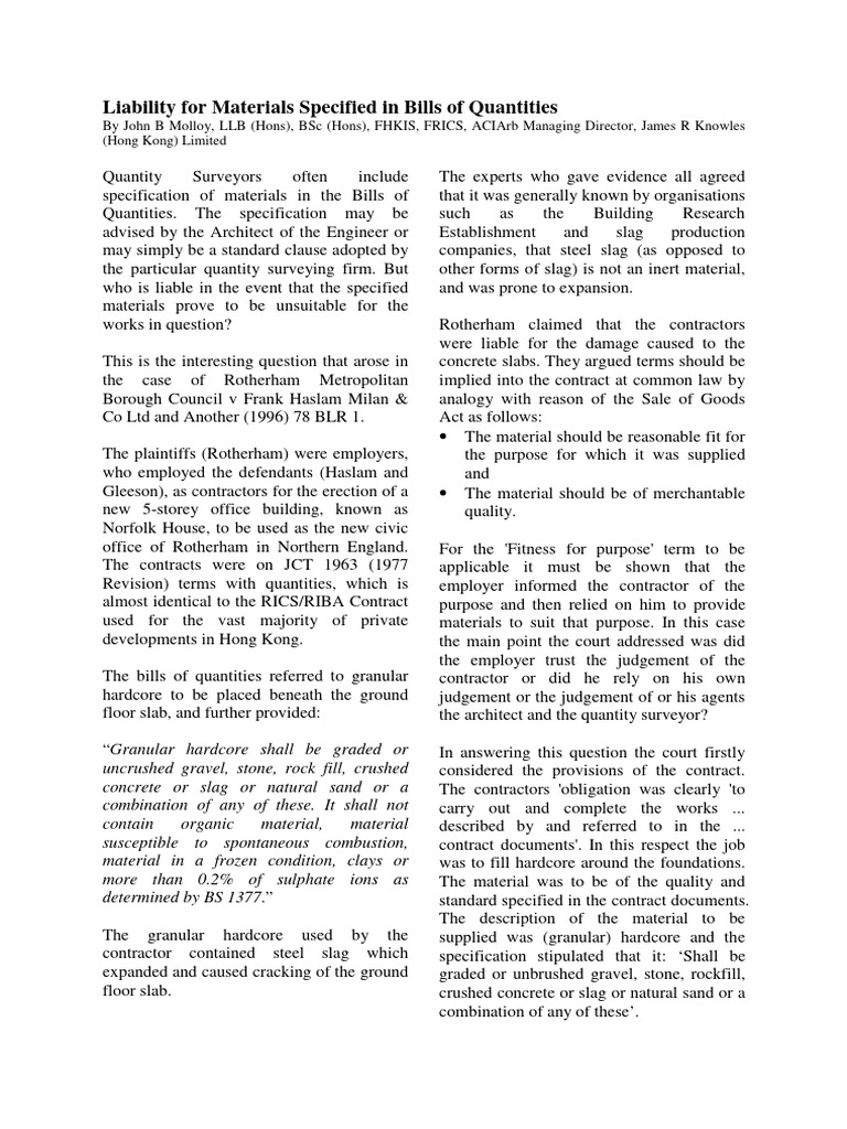 Liability for Specified Materials in Contracts | PDF | Specification ...