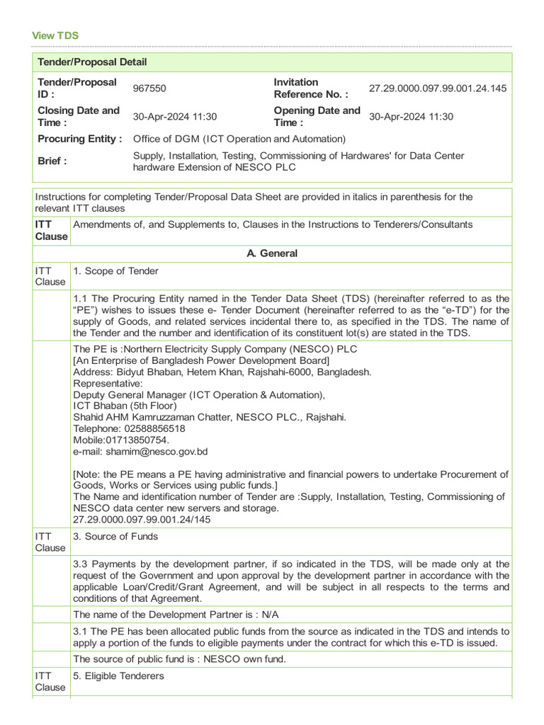 Section2 - Tender Data Sheet | PDF | Percentage