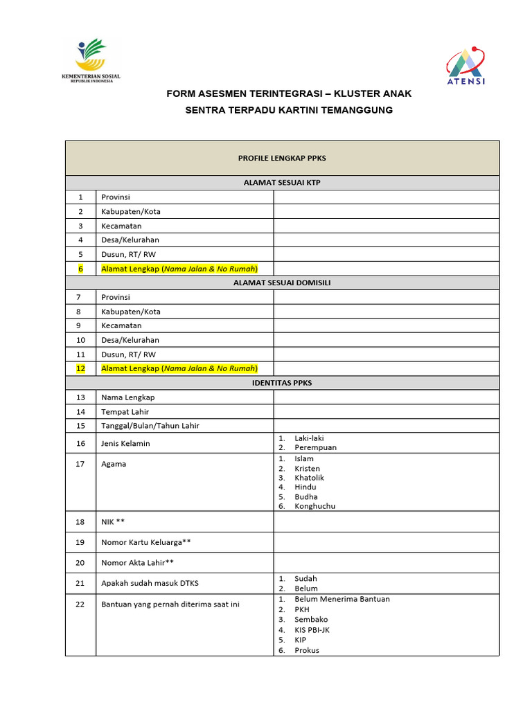 Formulir Asesmen PPKS Anak Temanggung | PDF