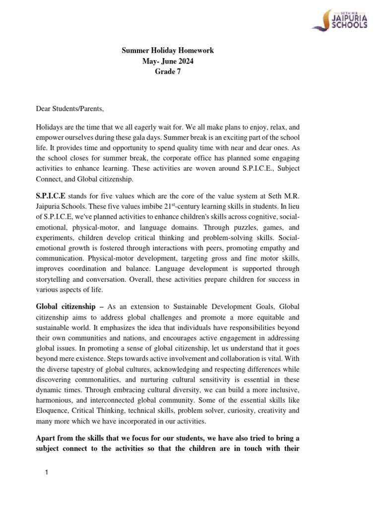 Grade 7 - Summer Fun | PDF