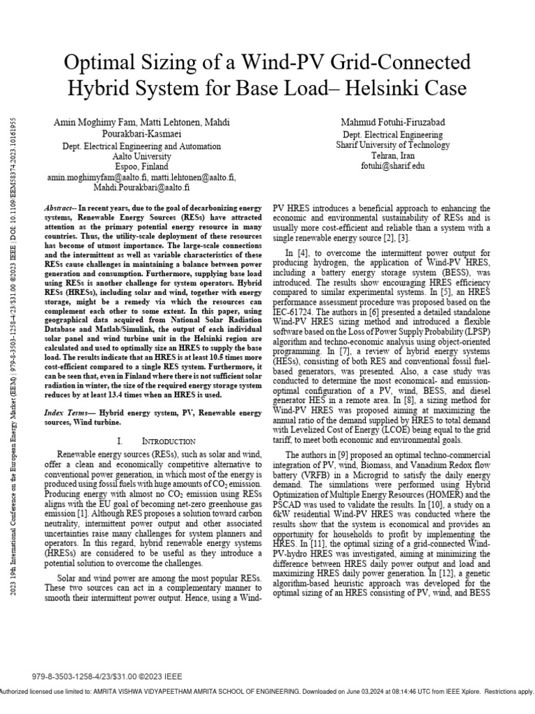 Optimal Sizing Of A Wind Pv Grid Connected Hybrid System For Base Load