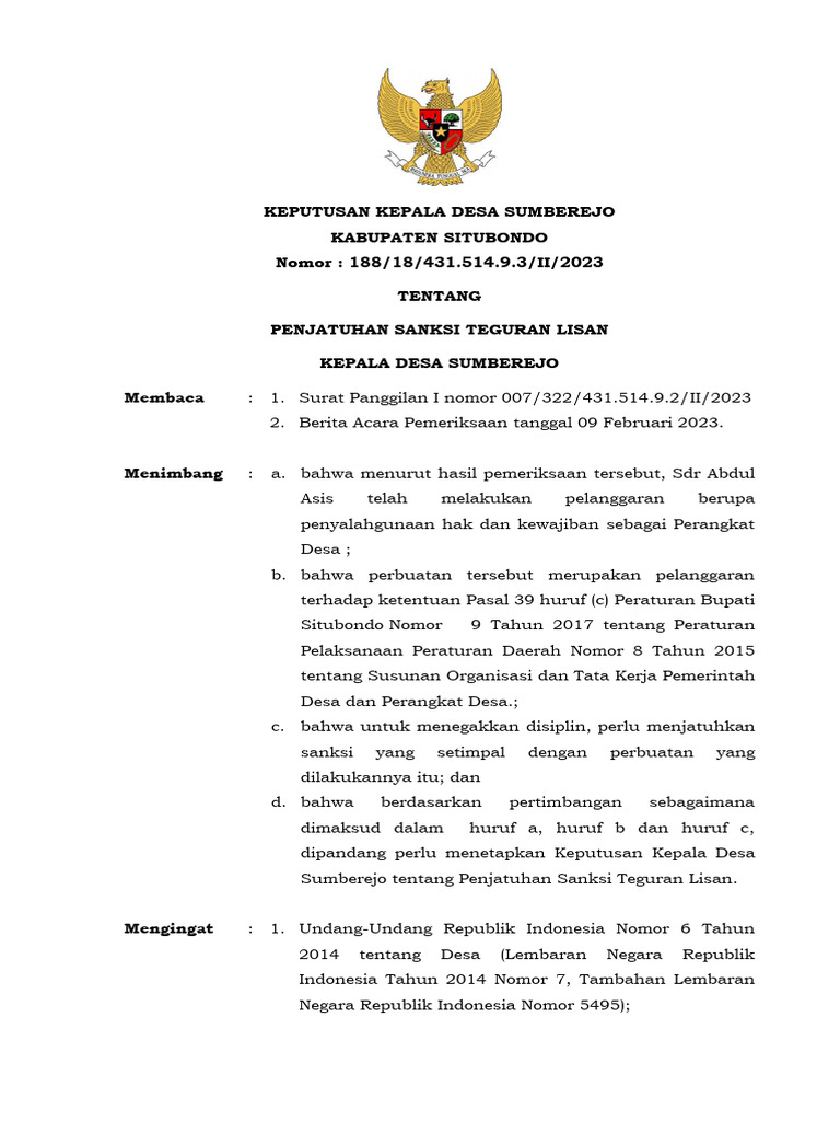 SK Penjatuhan Sanksi Teguran Lisan Abdul Asis 22 02 2024 | PDF | Griya & Taman