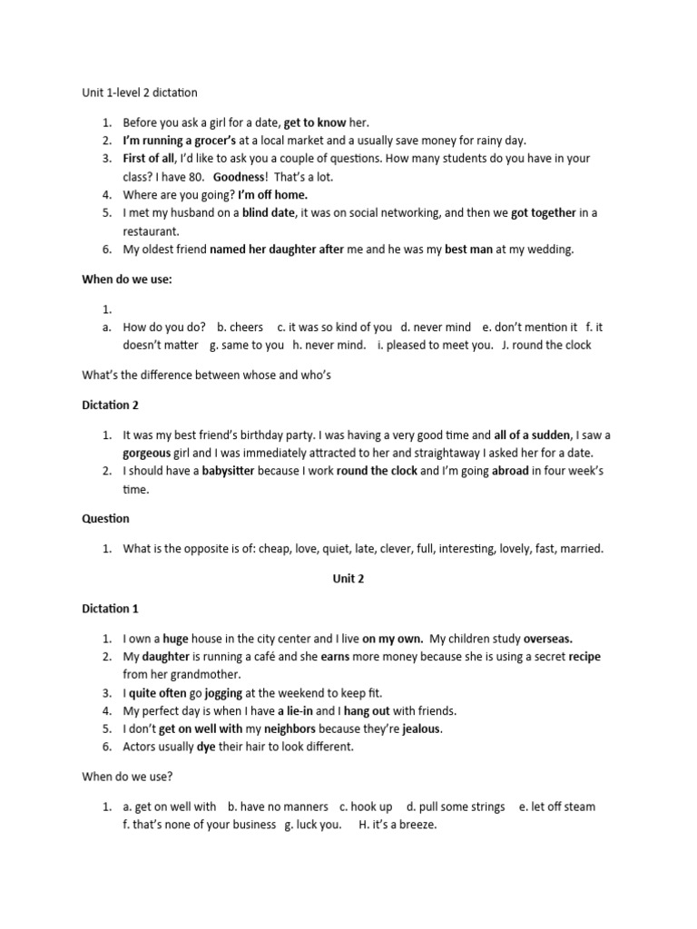 Unit 1-level 2 dictation | PDF